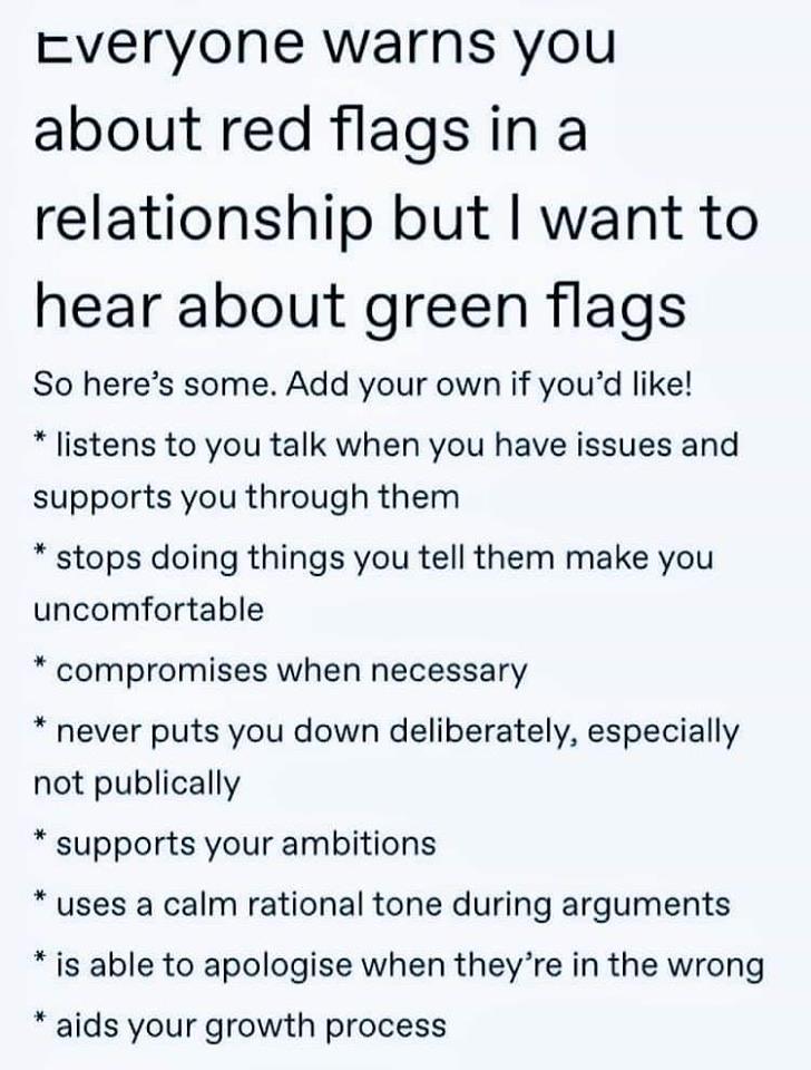 Thoughts on the “Green Flags” in relationships meme – polyammering